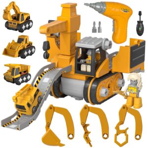 construction truck toys for 3 4 5 6 years old toddlers kids boys and girls, stem take apart toys cars with electric drill, 4 in 1 construction vehicles crane excavator drilling car timber grab truck