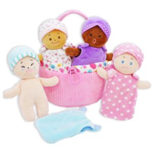 june garden my first basket plush baby doll set - includes 1 basket and 4 multicultural soft plush babies with emotional expressions for infants and toddlers birth and up