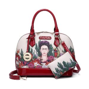 luxebag frida kahlo cactus collection faux leather around zip handbag (beige/red)