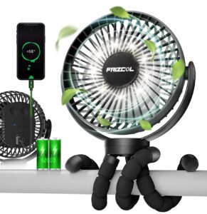 portable stroller fan 65 working hours, small fan with led lights, 12000 capacity battery operated fan with tripod legs, rechargeable usb fan, peloton fan for treadmill, camping, travel, bed(black)