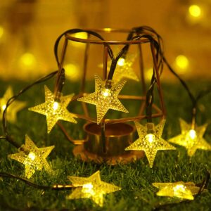 solar star string lights, 39ft 100led, solar fairy lights with remote control 8 lighting modes, outdoor waterproof star flashing lights, suitable for home/party/garden/wedding/christmas (warm white)