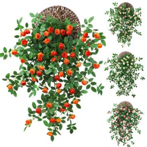 riddsee artificial hanging flowers rose with basket - fake silk floral hanging ivy greenery faux flower long vines for wall home room garden wedding indoor outdoor decoration (orange)