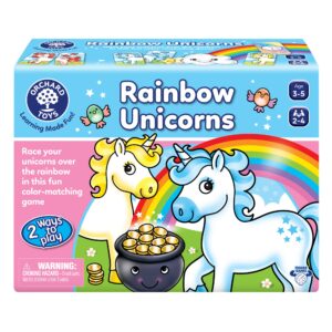 orchard toys moose games rainbow unicorns game. race your unicorns over the rainbow to a pot of gold in this magical, fun color-matching game! ages 3+ for 2-4 players