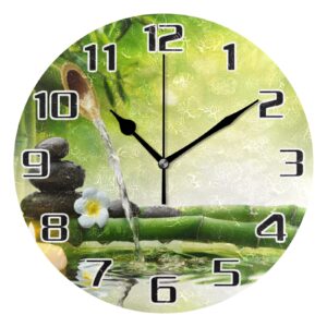 tropicallife flower japanese zen wall clock, garden stone bamboo silent non ticking round clock for home kitchen bedroom desktop stand bathroom living room decor office classroom clock art 9.5 inch