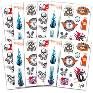 racing cars race car sticker party favor pack for kids, adults - bundle with 9 racing sticker sheets for crafts, scrapbooking, party decor (blue flame, skull, garage, and checkered flag stickers)