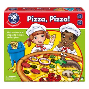 orchard toys moose games, pizza! game. match colors and shapes to make a perfect pizza. for ages 3-7 and 2-4 players