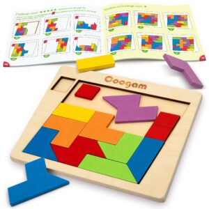 coogam wooden puzzle blocks geometric tangram brain teasers jigsaw 3d logic iq game colorful shape pattern montessori stem educational toys gift 60 challenges for all age