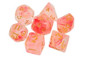 3degos blossom of peach dnd dice set for dungeons and dragons gifts, d&d, d and d, pathfinder, accessories, d20, polyhedral, resin dice, metal, dice tray, tower, bag, box