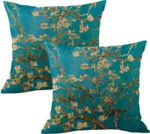 jianglany cherry blossom tree print throw pillow covers 18x18 inch chinese watercolor painting blue floral linen decorative square pillow case cover for living room bedroom garden sofa chair,2 pack