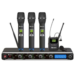 avtronics professional wireless microphone system, 200 channel uhf 3 handheld and 1 belt pack and lavalier, mic system for speech, singing, events, church, karaoke, dj, party, and classrooms. black