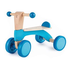 hape scoot around toddlers babies kids ride on wooden push balance bike scooter toy indoor outdoor activity no pedals with 4 rubberized wheels, blue