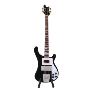 black miniature bass guitar replica, with stand and case, instrument model ornaments gift, exquisite workmanship and novel design