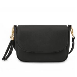 evve small crossbody bag for women trendy flap saddle purses with tassel and adjustable shoulder strap - black