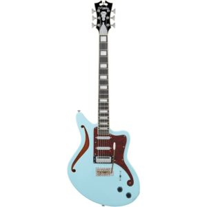 d'angelico 6 string semi-hollow-body electrical guitar, right, sky blue (dapbedshsbmcs)