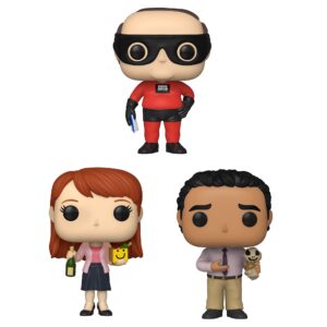 funko tv: pop! the office collectors set 4 - erin with happy box & champagne, kevin as dunder mifflin superhero, oscar with scarecrow doll