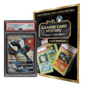 pokemon tcg: graded card mystery power pack - gold edition - 1 psa 10 graded card + 25 additional cards with 5 holofoils - 1 first edition card + 2 factory sealed 10 card booster packs + 1 code card