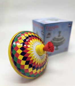 classic multicolour spinning tin top toy from ksmtoys by bolz. the funny buzzing hum gets louder as the top spins faster, 7.5" x 7.5" x 7.5" ages 18 m+