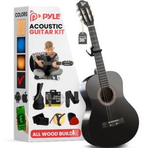 pyle beginner acoustic guitar kit, 3/4 junior size all wood build nylon instrument with capo, gig bag, strap, extra string set, for students adults and youth, 36" black gloss