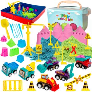 play sand kit for kids - 3.3lbs space sand with 3 colors, sand molds tools, construction trucks, foldable sandbox and storage box, 34 pieces sandbox toys set for 6 year and up boys girls (pink)