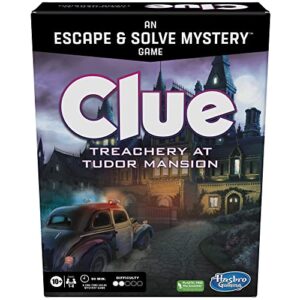 clue board game treachery at tudor mansion, escape room game, cooperative family murder mystery games, ages 10 and up, 1-6 players