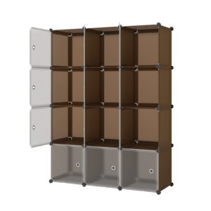 aeitc cube storage organizer 12-cube (13.8"x13.8") clothes organizer closet storage shelves plastic storage shelving for bedroom, living room, office, brown with transparent doors