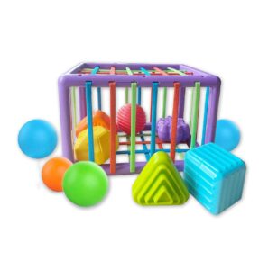 swietfam baby shape montessori sorting toy with elastic bands, sensory bin with colorful balls & blocks, early development activity toy