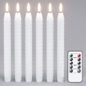 lasumora flameless taper candles flickering with remote timer, led taper candles battery operated warm 3d wick spiral window candles 6 pack real wax wedding home birthday christmas decor 9.8" white