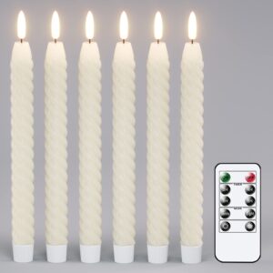 lasumora flameless taper candles flickering with remote timer, led taper candles battery operated warm 3d wick spiral window candles 6 pack real wax wedding home birthday christmas decor 9.8" ivory