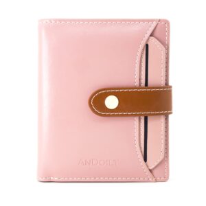 andoilt wallets for women genuine leather small bifold wallet rfid blocking card case purse with id window coin pocket pink