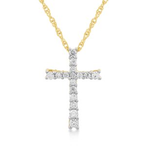 jewelili cross pendant necklace for women in 10k yellow gold with 1/2 cttw natural white round diamonds | 18 inch gold filled rope chain