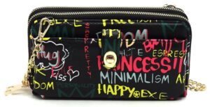 multicolor graffiti printed cell phone purse wallet smartphone crossbody wallet travel multifunction phone case wristlet clutch wallet (#a-black)