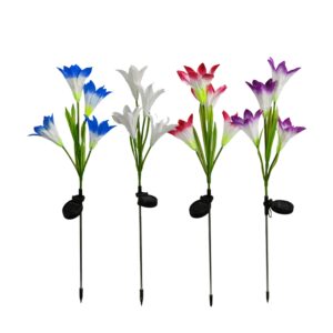 outdoor solar garden lights, 4 pack solar garden lily flower lights with 16 bigger lily flowers, waterproof 7 color changing led solar powered lights for patio party outdoor yard decoration.