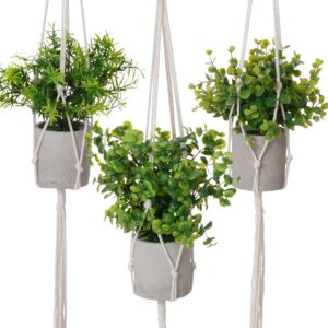 mizii 3 pack mini potted artificial plants w/ 3 plant hangers,eucalyptus rosemary fake leaves green for indoor home room shelf kitchen balcony garden wedding decor