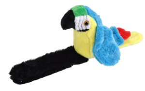 wild republic perching parrot, blue and yellow macaw, snap bracelet, records and replays, 9 inches, gift for kids, plush toy, fill is spun recycled water bottles