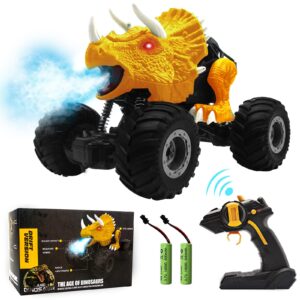 bravepal remote control stunt dinosaur car - 360° rotation off road monster 2.4 ghz rc trucks toy, 2 rechargeable batteries rc car with sound effects, flash roar spray and lights for boys girls