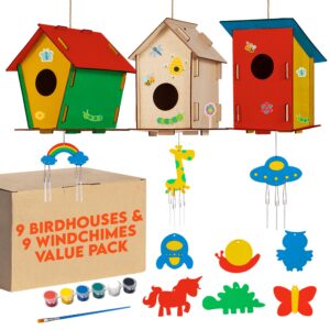 9 wooden birdhouses & 9 wind chimes -art & crafts for kids ages 4 5 6 7 8 - kids bulk arts and crafts set with painting kit -diy wood bird house and windchimes kits for boys girls to build & paint