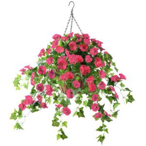 hanging basket with artificial vine fake silk flowers plants for outdoor indoor, coconut lining basket for patio lawn garden porch home spring decor (red)