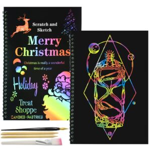 christmas scratch paper art notebooks, 24 piece set of 14 sheets rainbow magic scratch off paper, 10 x 7 inches, with 6 xmas stencils, 3 scratcher sticks, and 1 cleaning brush for kid, adult and more