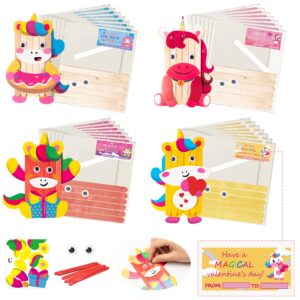 xqumoi 28pcs valentine's day unicorn wooden sticks diy crafts kit exchange gift with creative gift cards art craft ornament with googly wiggle eyes handmade projects party decorations favors for kids