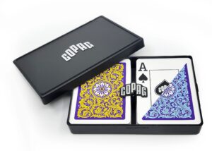 copag 1546 neoteric design 100% plastic playing cards, poker size (standard) violet/yellow/blue (jumbo index, 1 set)