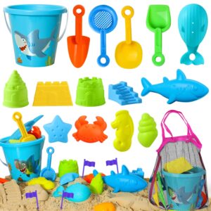 toy life beach sand toys for kids toddlers - shark beach toys for kids 3-10, toddler sandbox toy with sand bucket, beach shovels, animal molds sand castle toys, mesh bag, sand toy for toddler boy girl