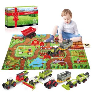 oriate farm tractor set 34 piece die cast vehicle value playset, large size 4.8" tractors toy kids birthday gift, farm play mat tractors animals trailer toys, farm equipment accessories