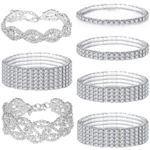 jewdreamer 7pcs rhinestone bracelets for women cubic zirconia tennis stretch bracelet bangle bling bikini crystal bracelet sliver sparkly bridal wedding jewelry bracelet set