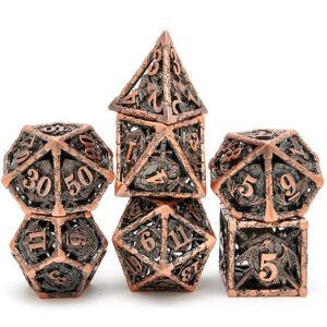 hollow metal dnd game dice set shield and dragon sword，with metal gift case for dungeons and dragons rpg mtg table games d&d pathfinder shadowrun and math teaching (ancient copper)