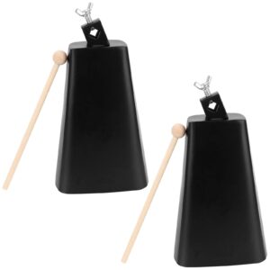 kohand 2 pack 8 inch metal steel cow bells, noise makers hand percussion cowbell with stick for drum set percussion instrument, sporting events, wedding, football, black