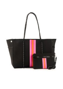 haute shore - greyson rave neoprene tote bag w/zipper wristlet inside, black w/hot pink orange