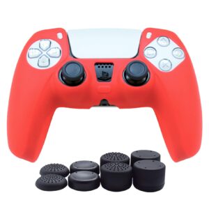 ps5 controller skin,hikfly silicone cover for ps5 grips playstation 5 controller cover protector sleeve kits video games with fps pro thumb grips caps(red)