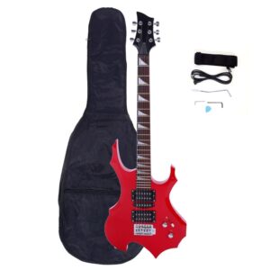 36“ beginner flame shaped electric guitar starter kit, w/guitar bag,shoulder strap,amp wire,tremolo arm, plectrum (red)