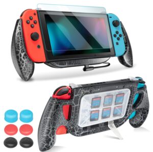 grip case with stand for nintendo switch,ergonomic comfort handles with game card box usb c charging cable protective case kit，with tempered glass screen protector & thumb grip cap