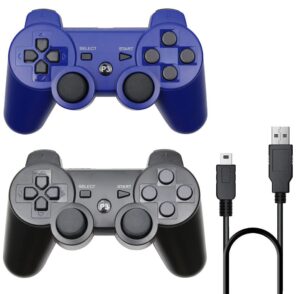 rzzhgzq 2 pack ps3 wireless controller playstation 3 controller wireless bluetooth gamepad with usb charger cable for ps3 console (black+blue)